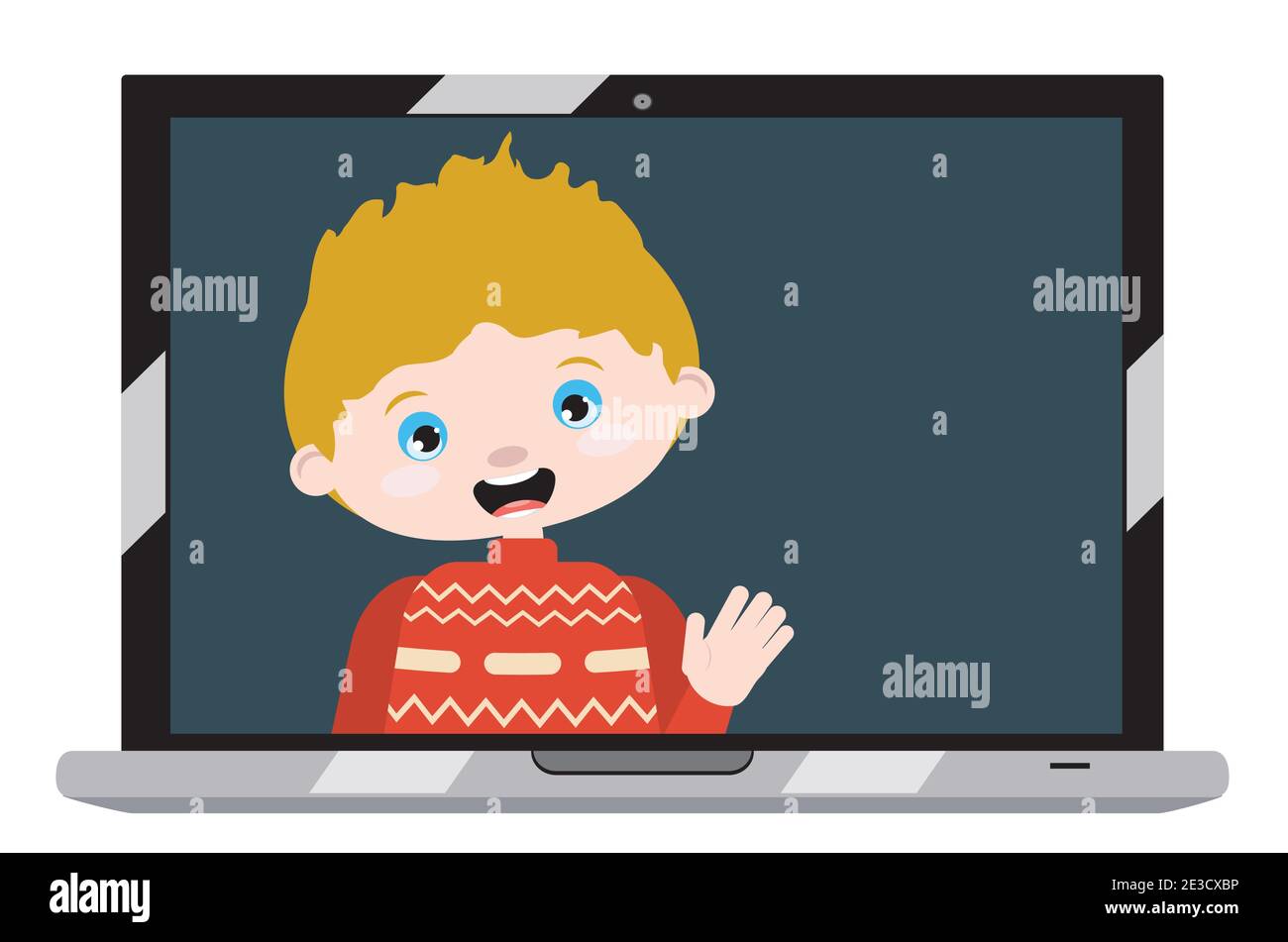 Cartoon caucasian boy on laptop screen, chatting online, distance ...