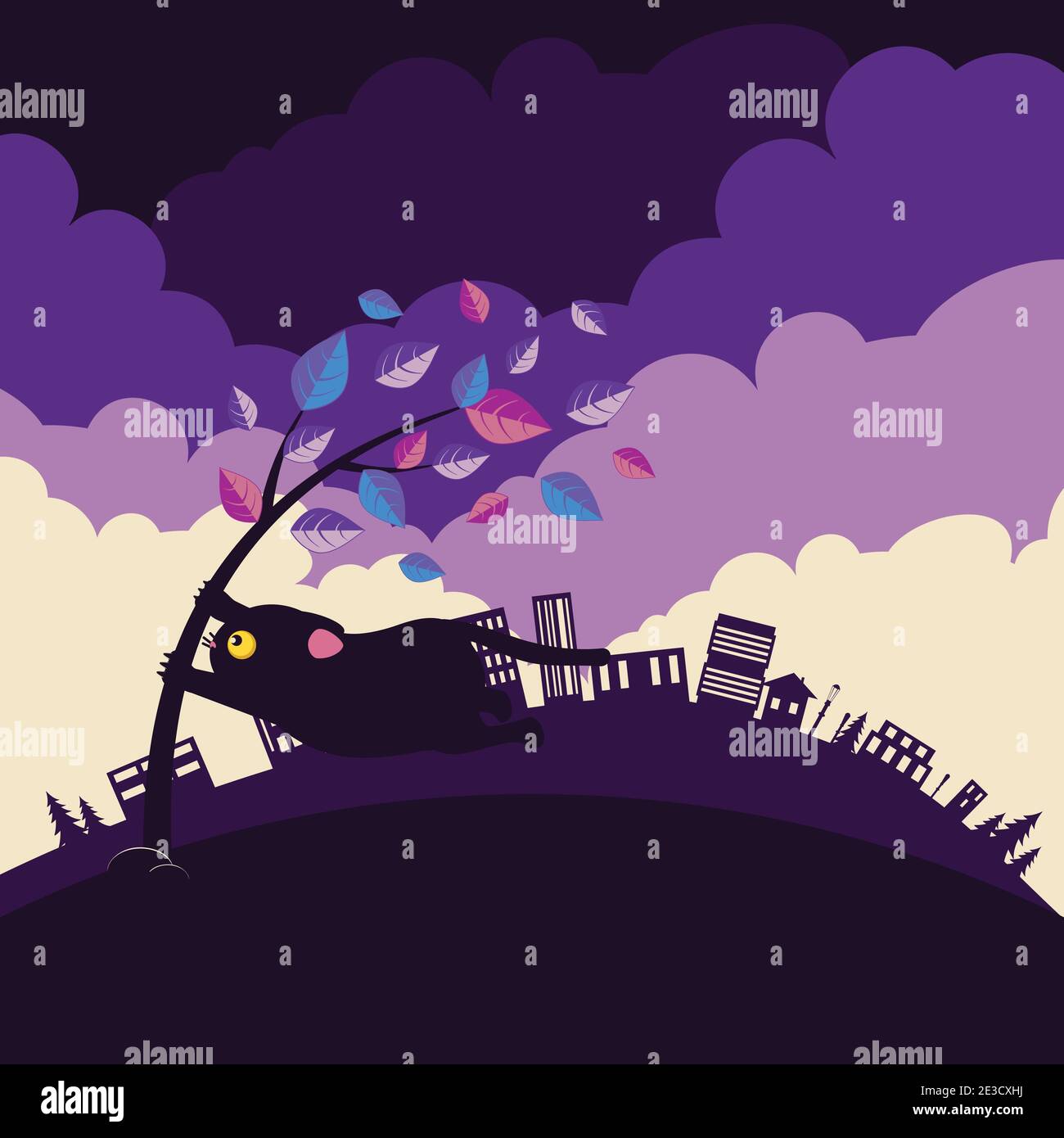 Cartoon tree and black cat in the storm and distant city, windy weather ...