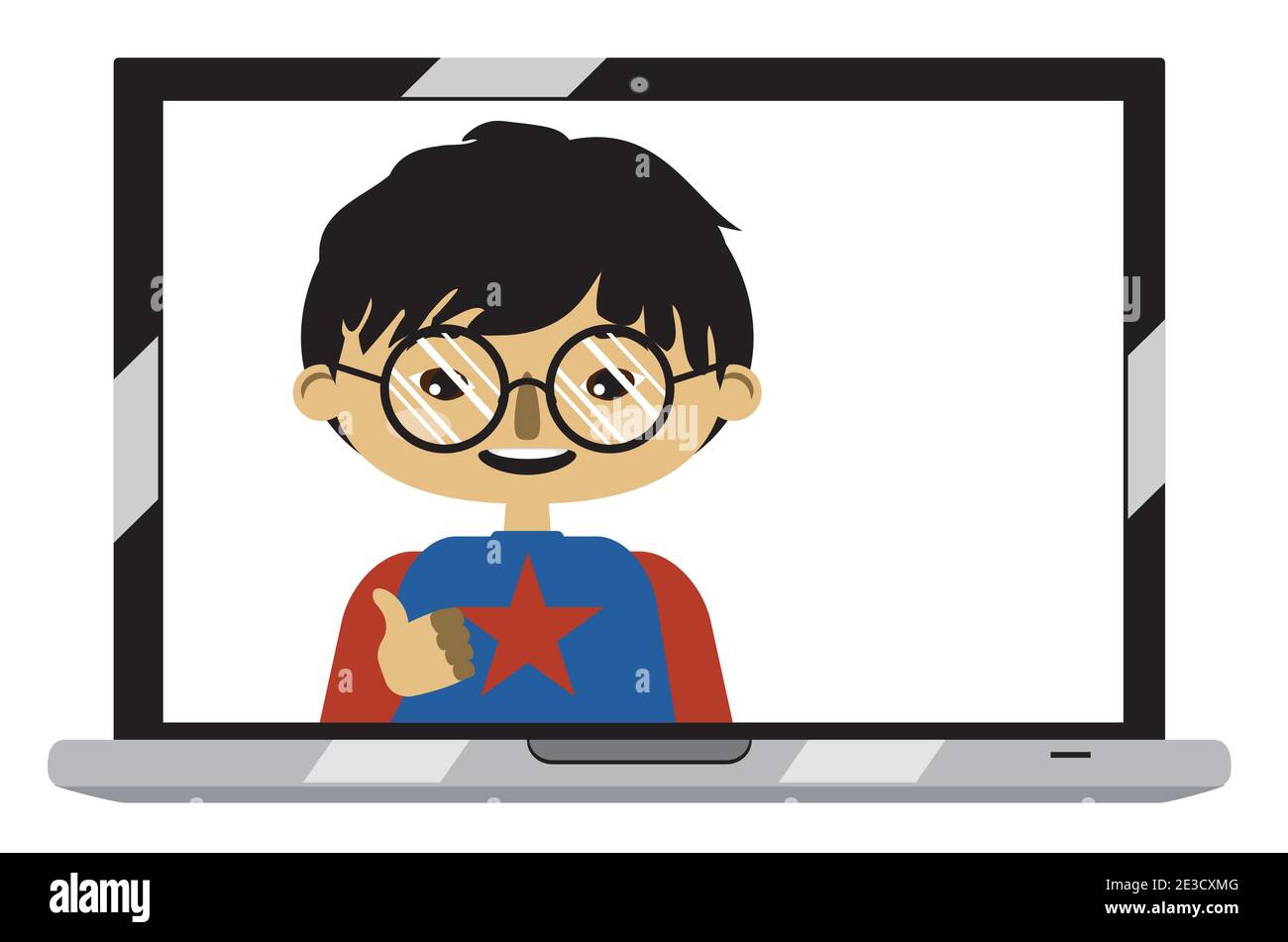 Cartoon asian boy on laptop screen, chatting online, distance ...