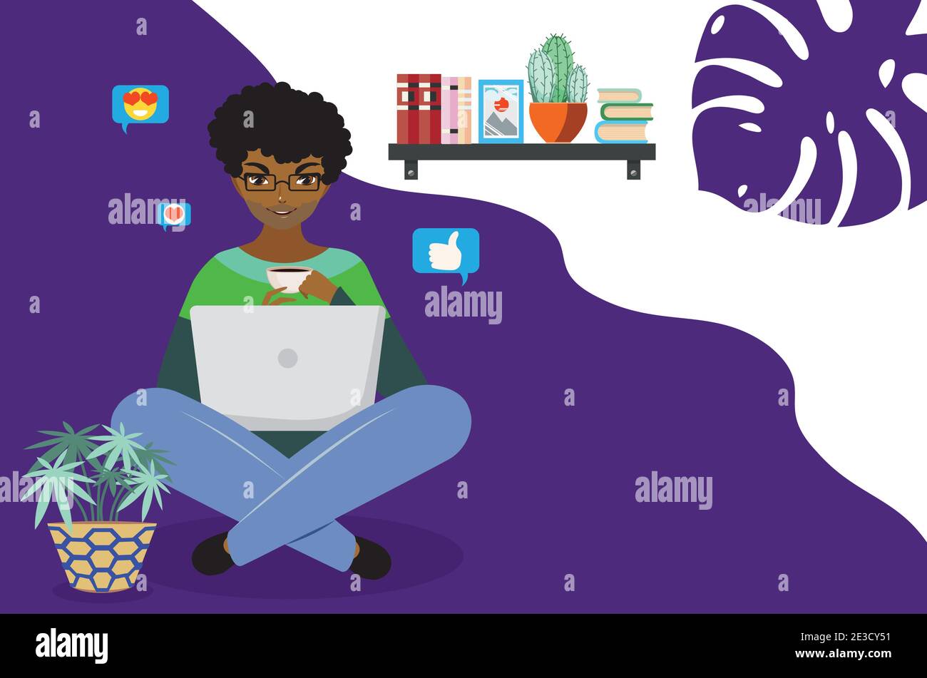 Cartoon man work on a laptop, distant learning, work, or chatting ...