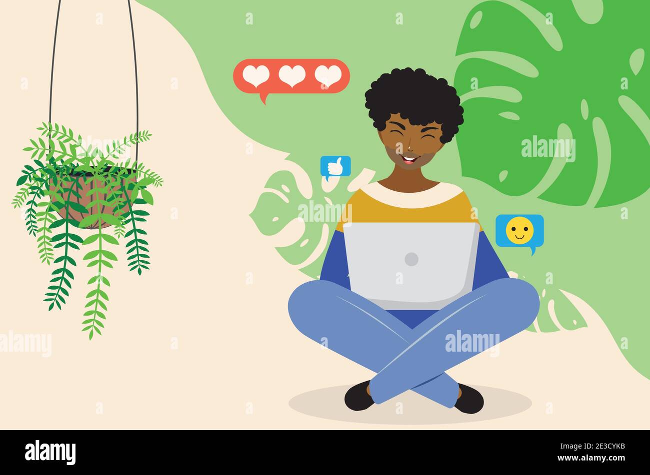 Cartoon man work on a laptop, distant learning, work, or chatting ...