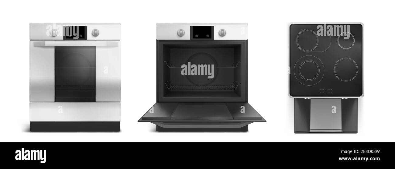 Electric stove, induction cooking panel with oven front and top view ...