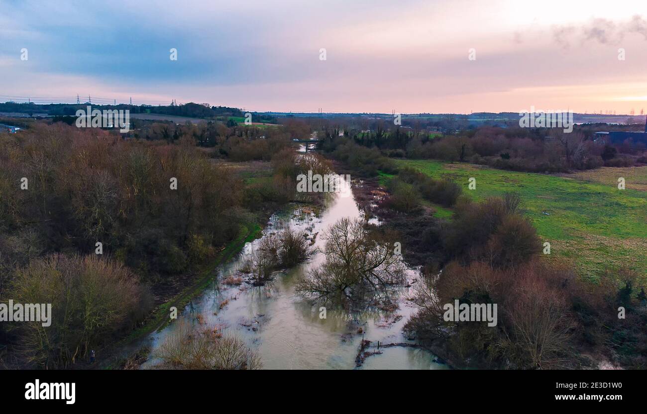 Drone photo of the River Gipping after heavy rainfall in Suffolk, UK ...