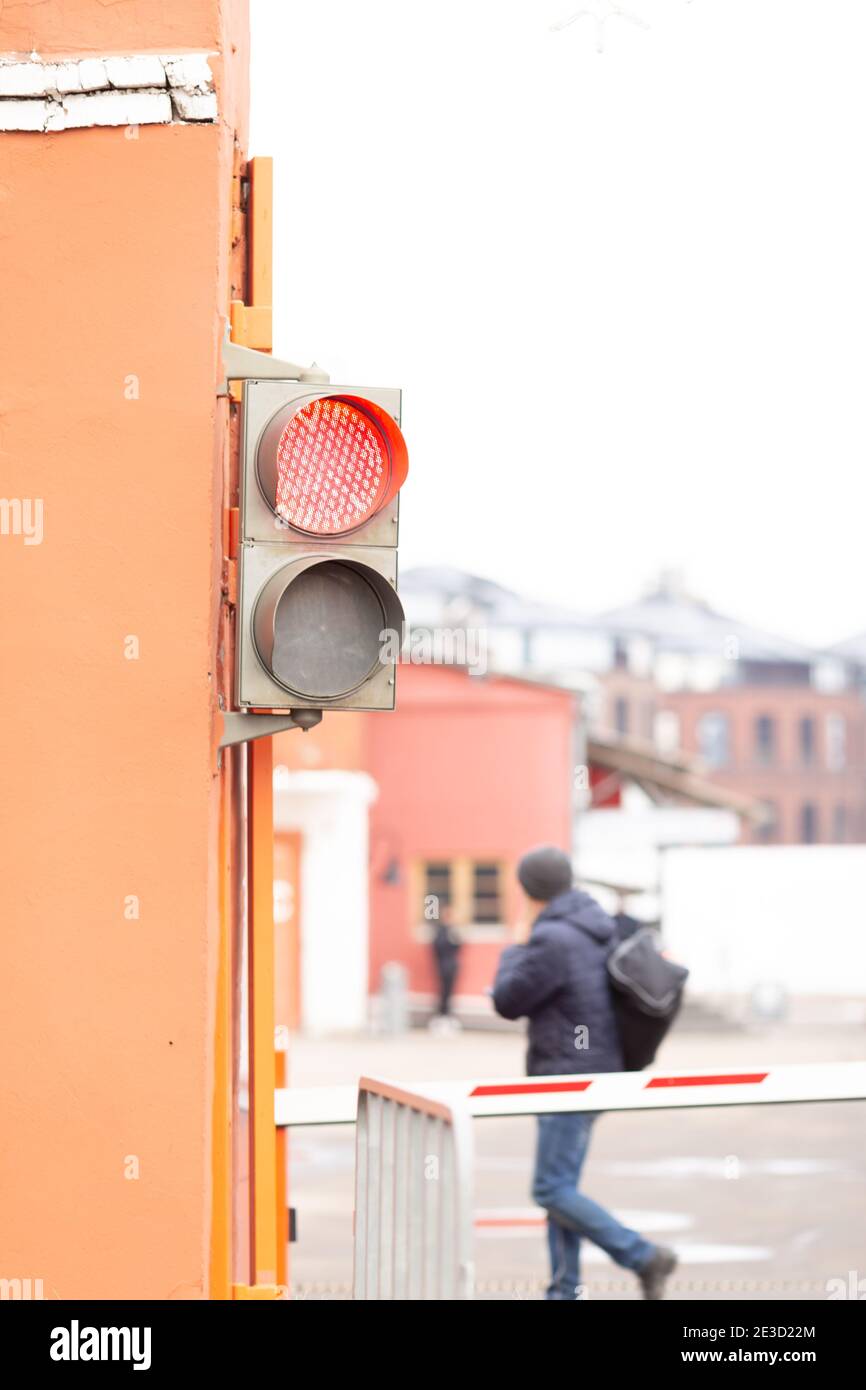 Traffic lights and a barrier at the entrance to the city yard Stock ...
