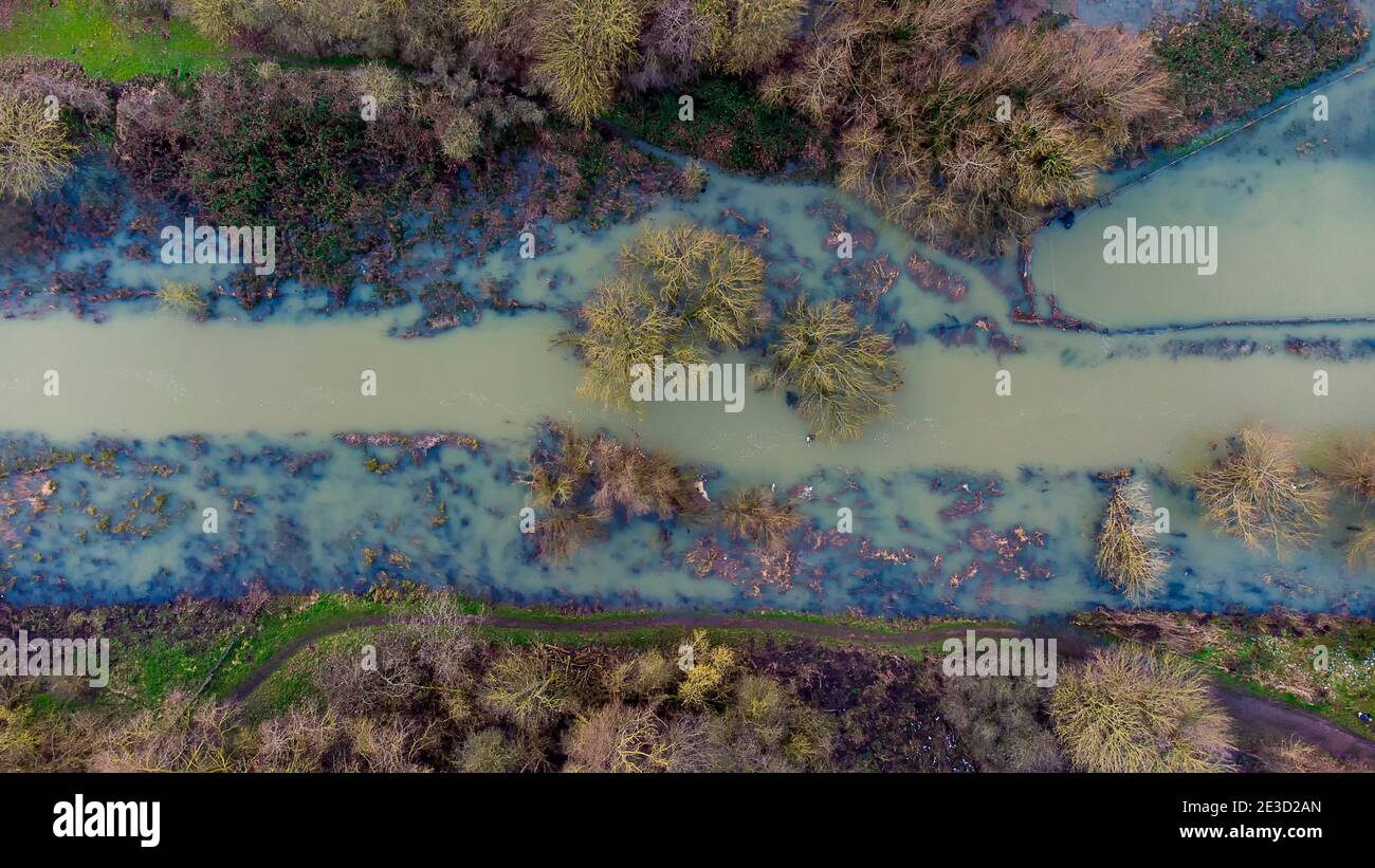 Drone photo of the River Gipping after heavy rainfall in Suffolk, UK ...