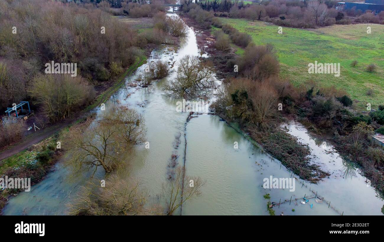 Drone photo of the River Gipping after heavy rainfall in Suffolk, UK ...