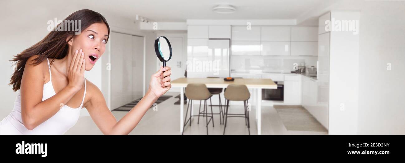Home inspection funny surprised woman searching through magnifying ...