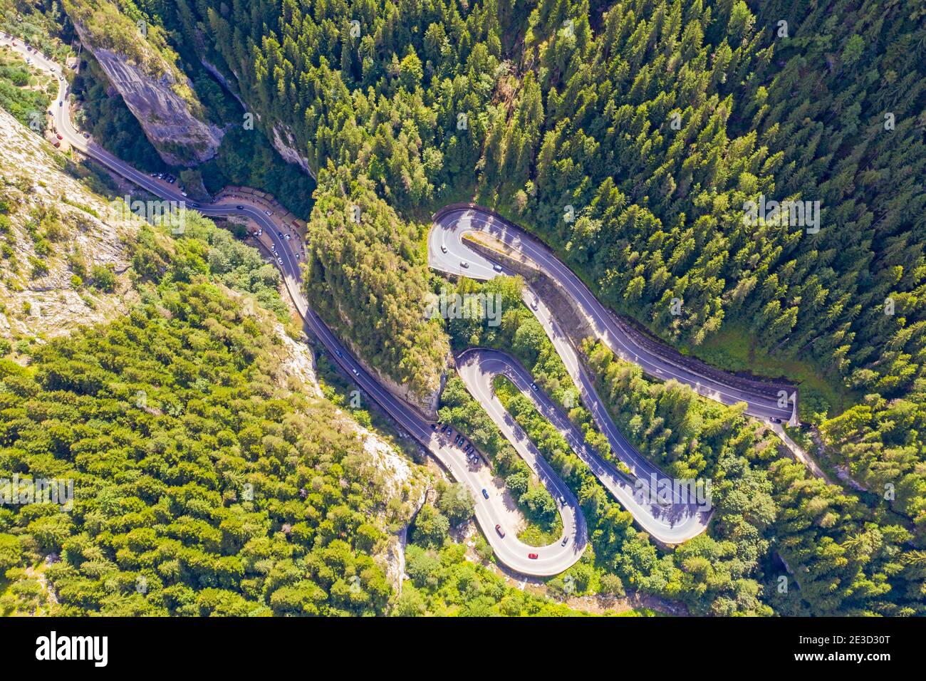 Mountain road viewed from above in Romanian Carpathians. Bicaz Gorges ...