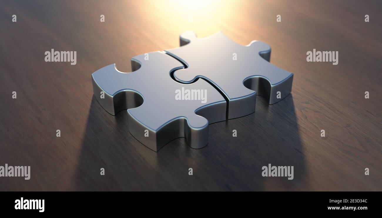 Jigsaw puzzle pieces black color on wooden background. Two tiles ...