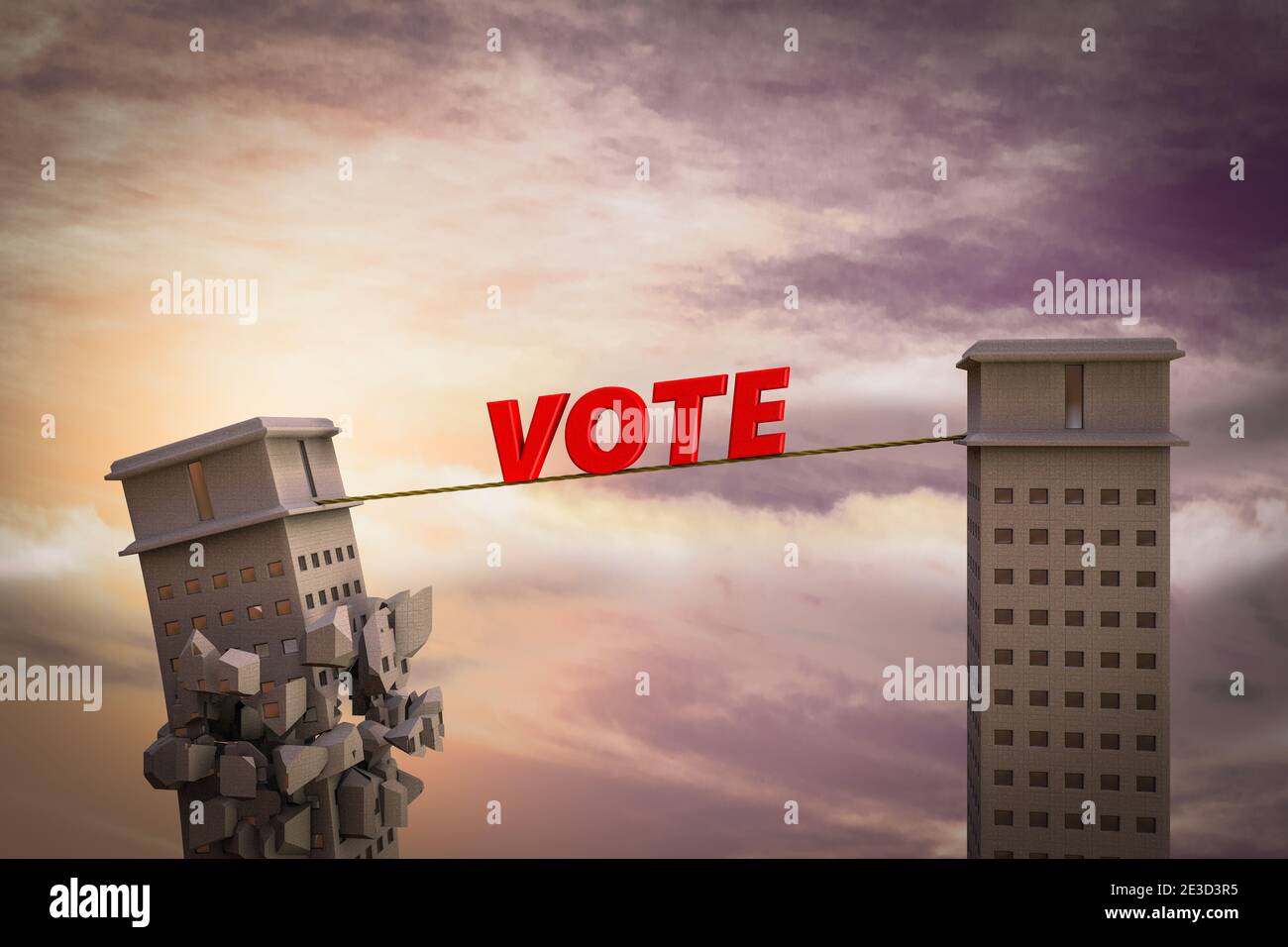 Vote letters on a rope with one building ready to collapse ...