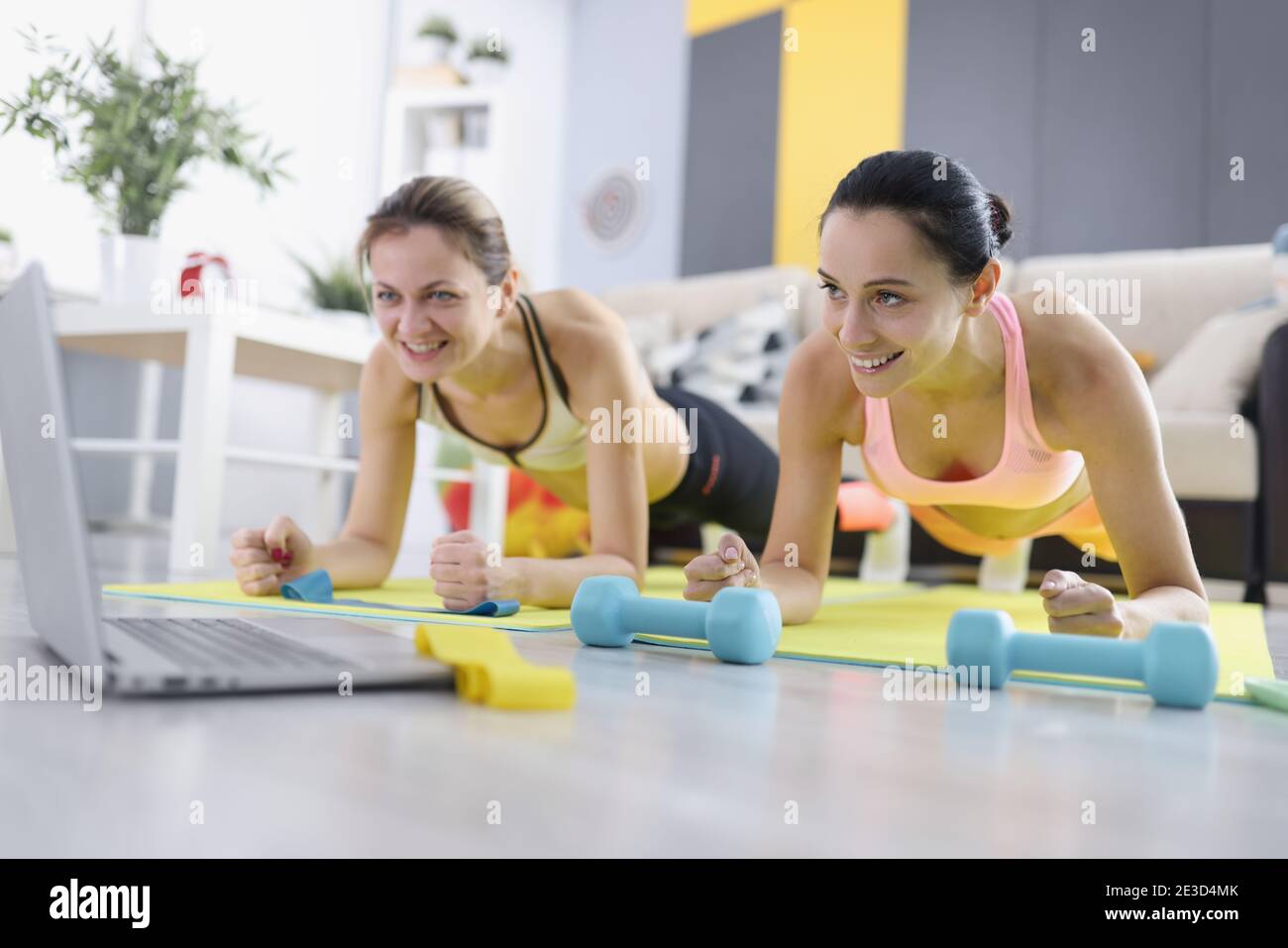 Two women go in for sports at home and stand in plank Stock Photo - Alamy