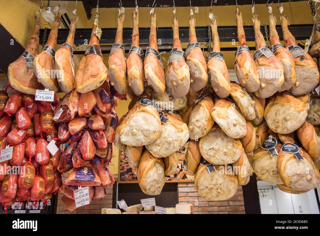 Parma ham on display in a delicatessen shop in Bologna Italy Stock ...
