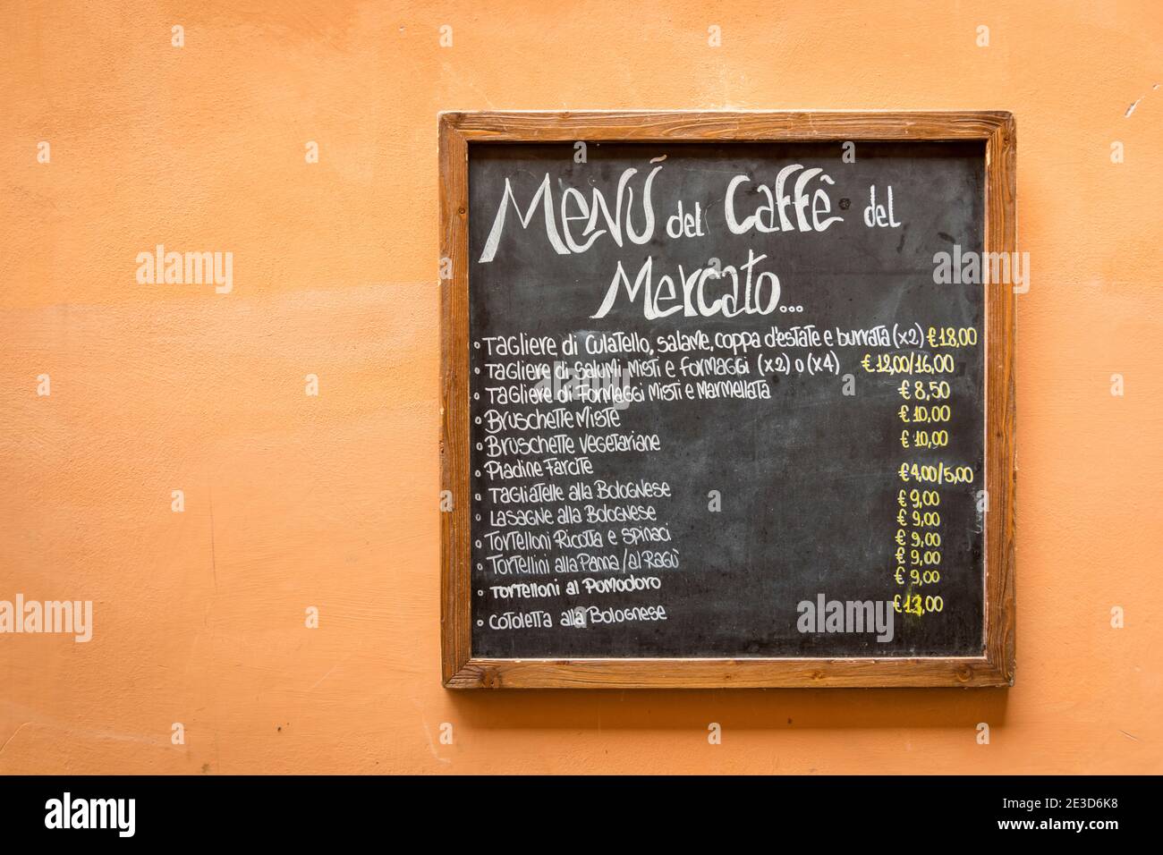 The menu at the Cafe del Mercato or market cafe Bologna Italy Stock ...