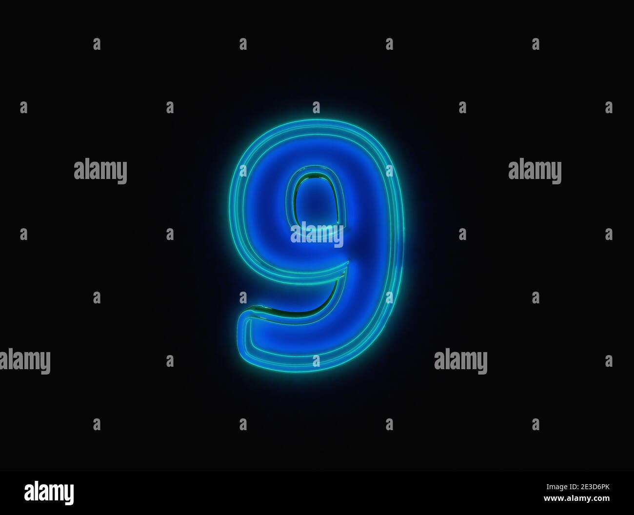 Blue - green neon light glow reflective transparent font - number 9 ...