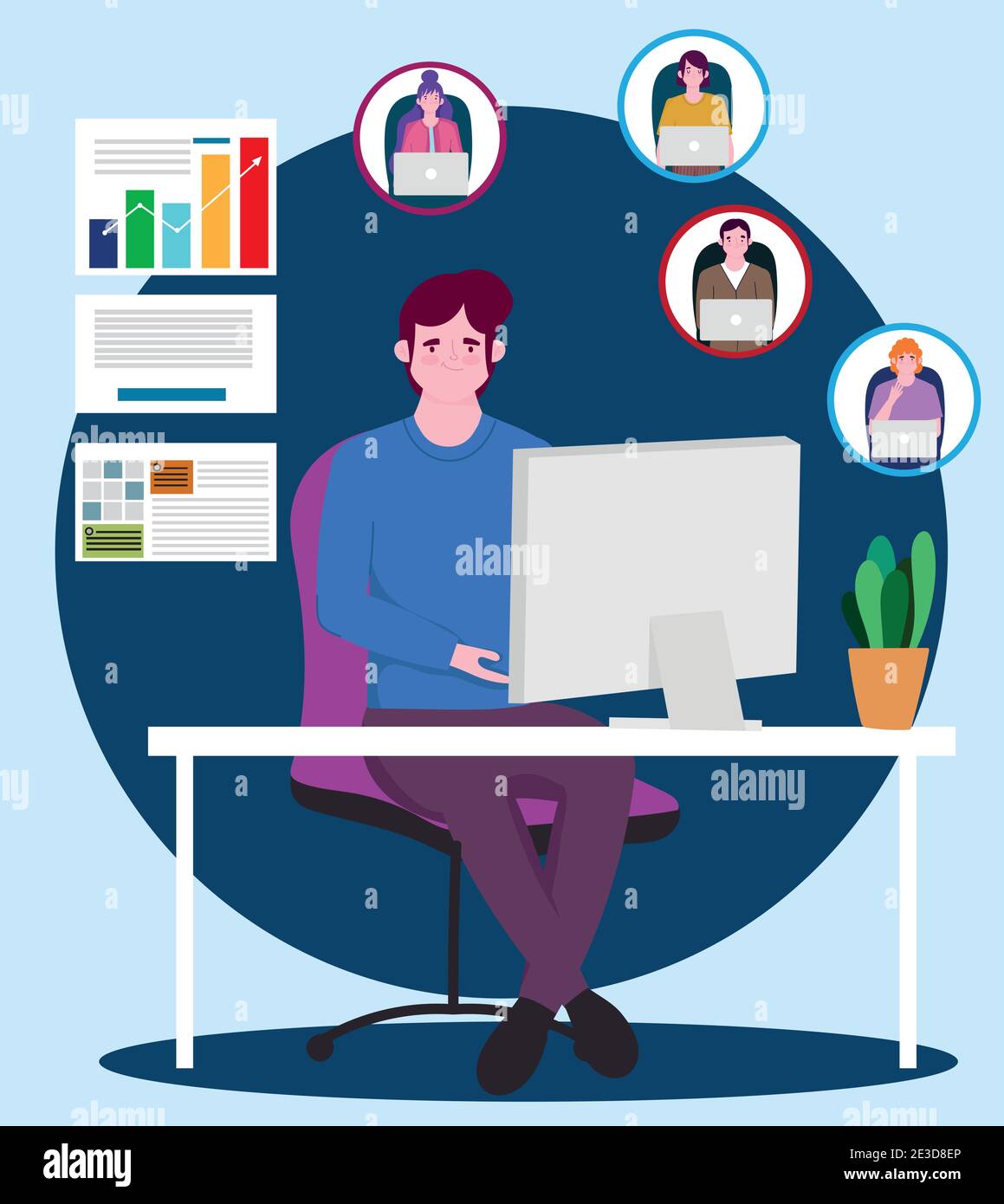 man working on the computer business analysis connection with others ...