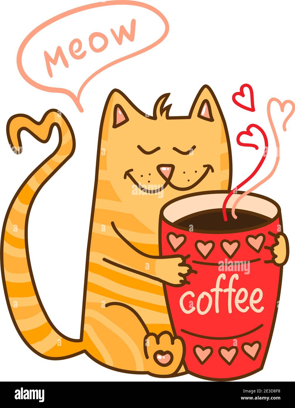 Cute cartoon hand drawn cat with cup of coffee. Adorable vector clip ...