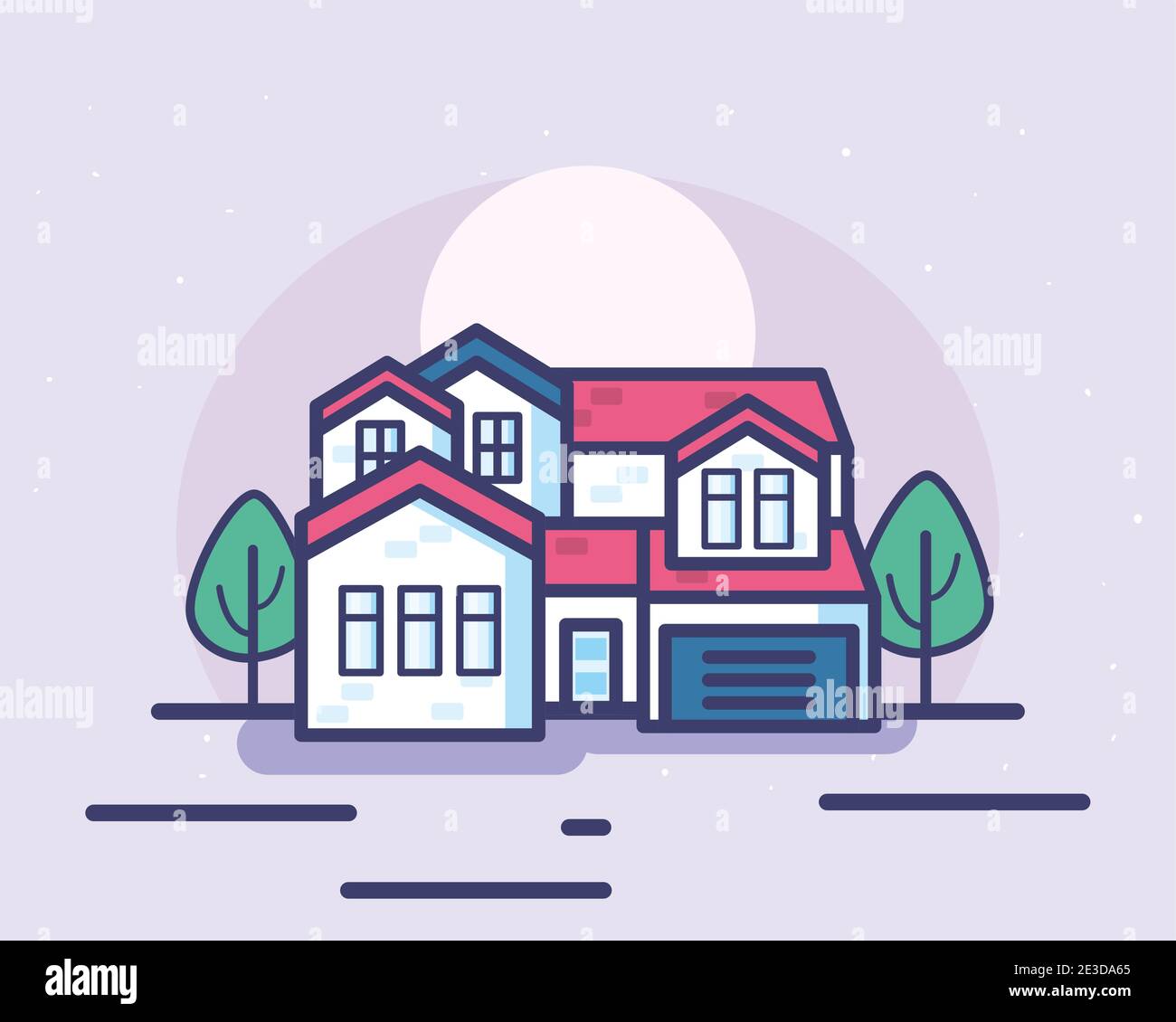 House and sun on purple background line and fill style icon design ...