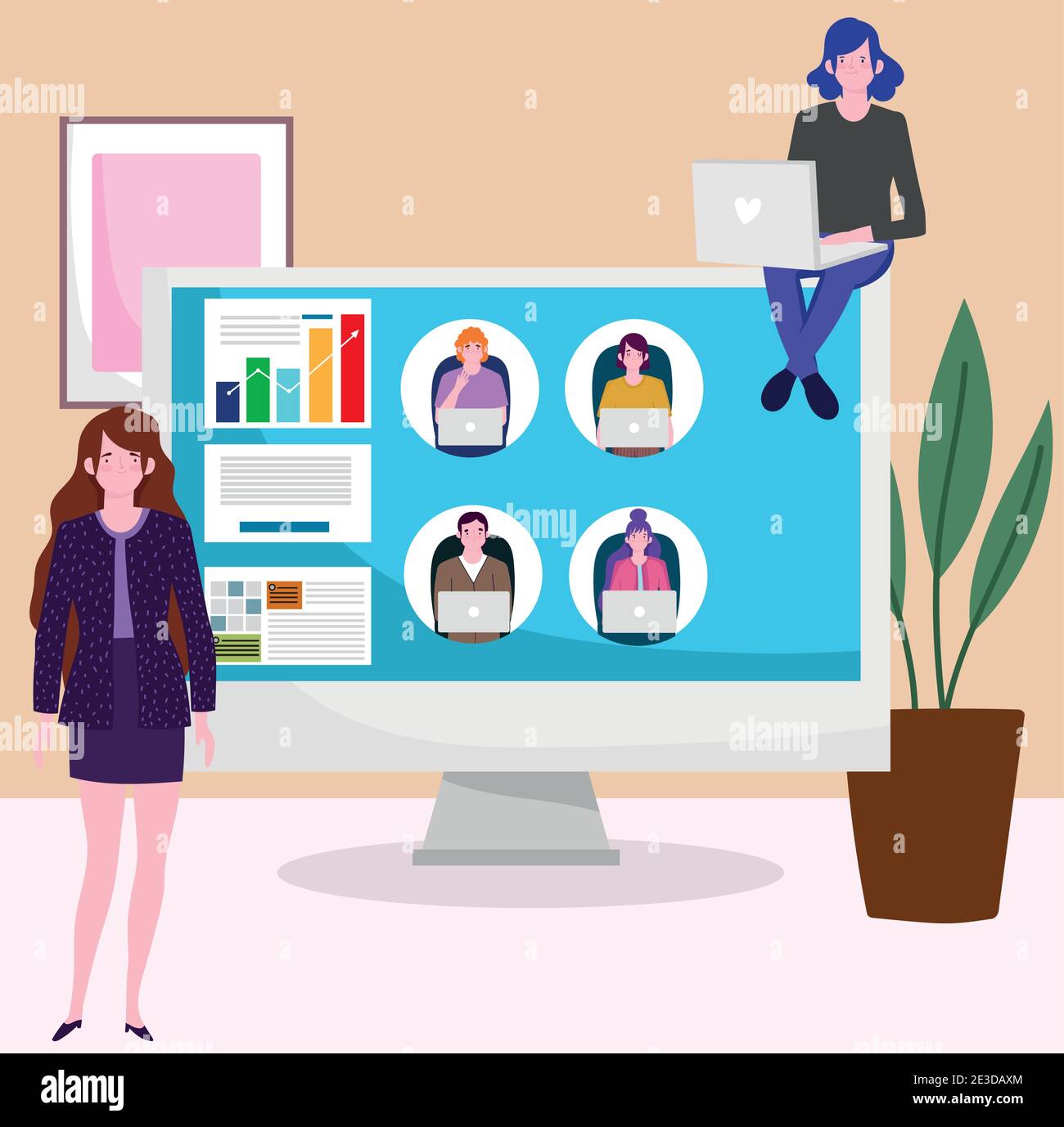 business woman video call meeting at office by using computer, people ...