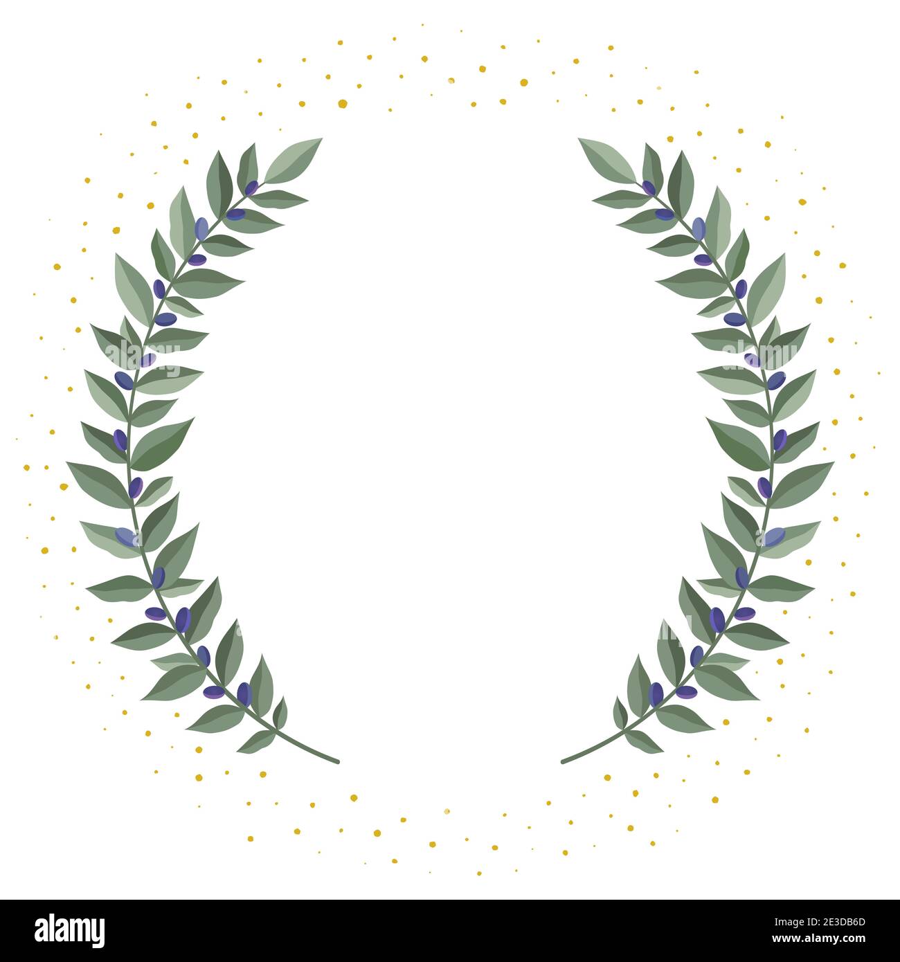 Black olive branches wreath on a white background with golden dust ...