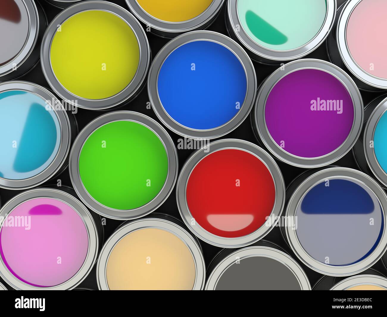 Open paint cans placed close to each other. Сolor palette concept. 3d ...