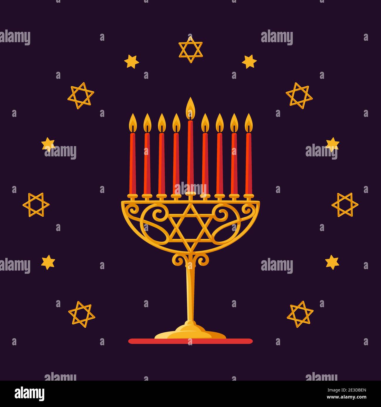 Happy Hanukkah. Gold menorah with red candles and stars on dark ...