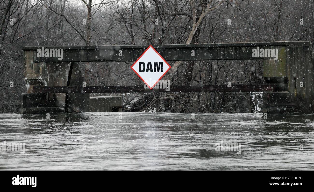 A dam warning sign to keep boaters away rom danger Stock Photo - Alamy