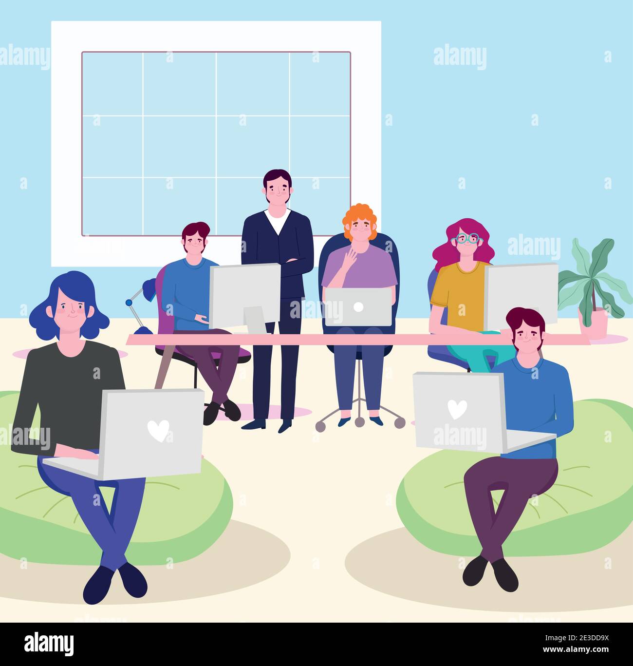 people working business meeting work desk with laptop computer vector ...