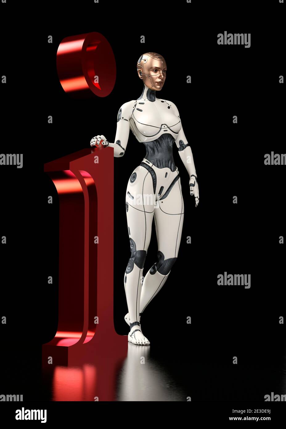 A white cyborg holds the letter i. Information illustration - 3d ...