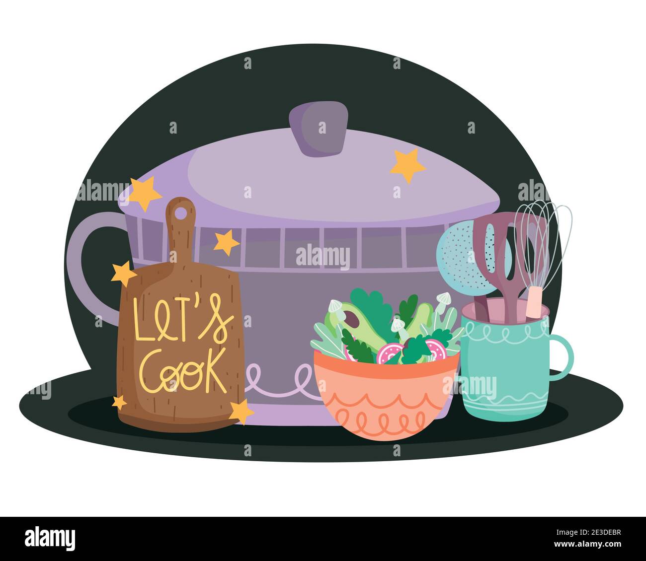 cooking pot cutlery cutting board and salad in cartoon style lettering ...