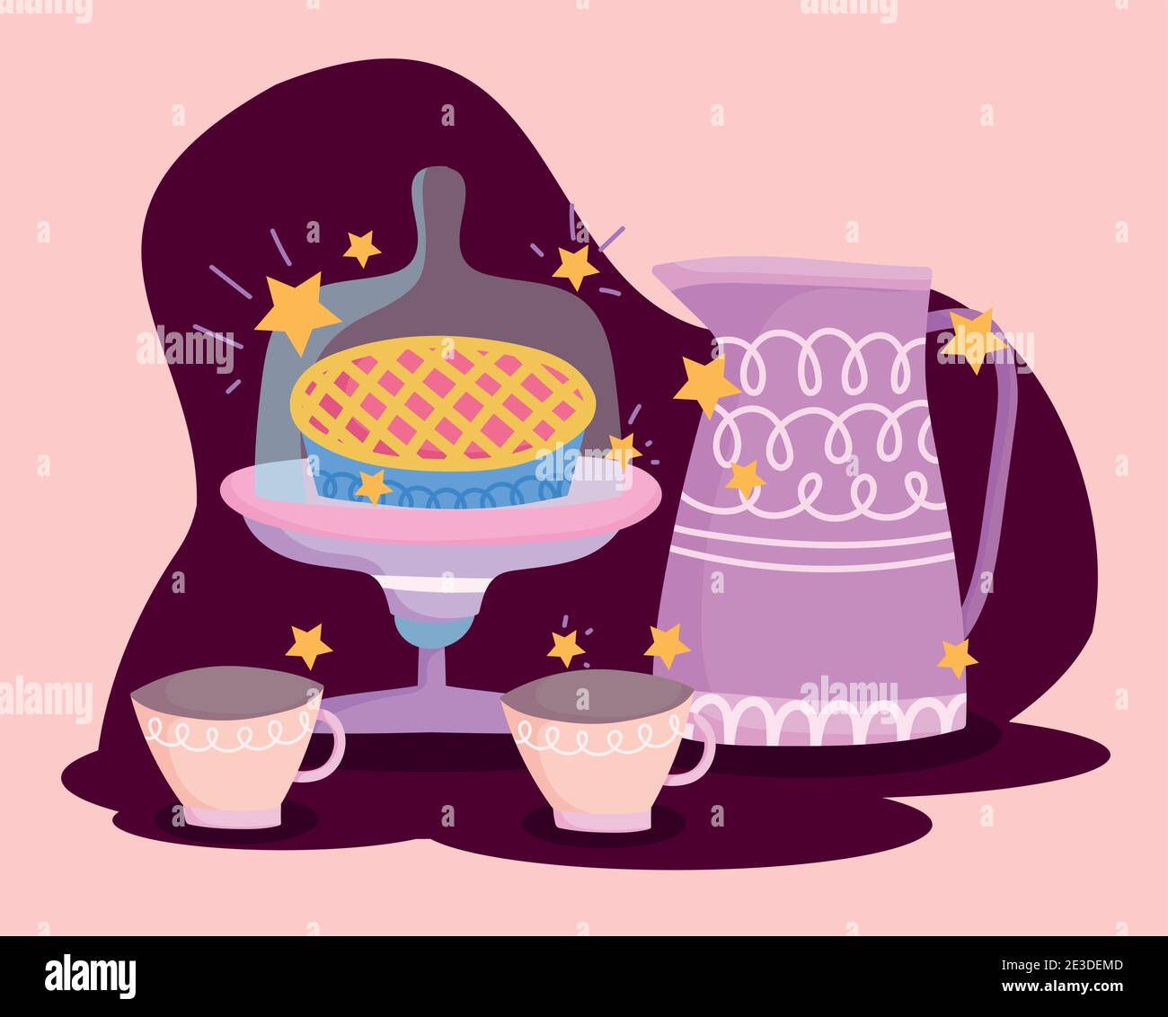tea pot cake and coffee cups cooking in cartoon style lettering vector ...