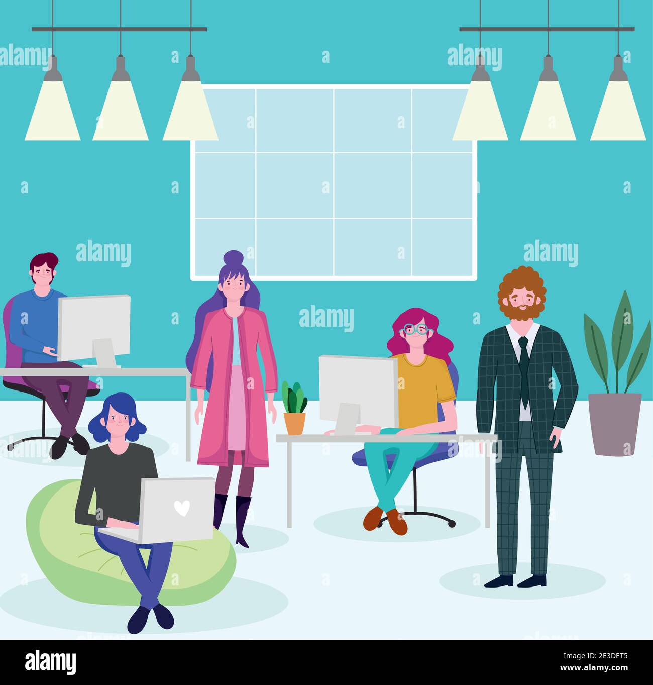 group of office workers sitting at desks with computer, people working ...