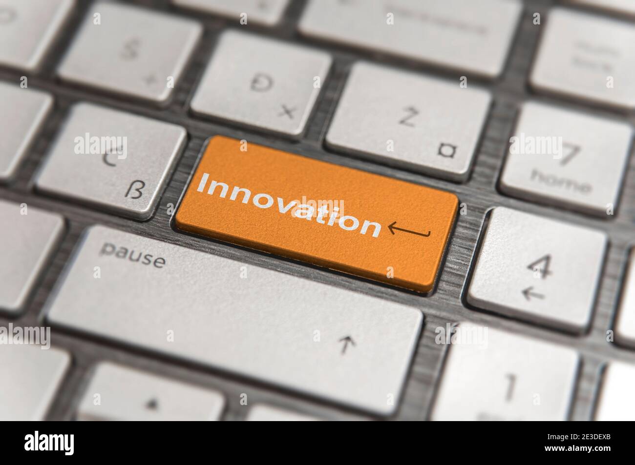 Keyboard with orange key Enter and word Innovation button modern pc ...
