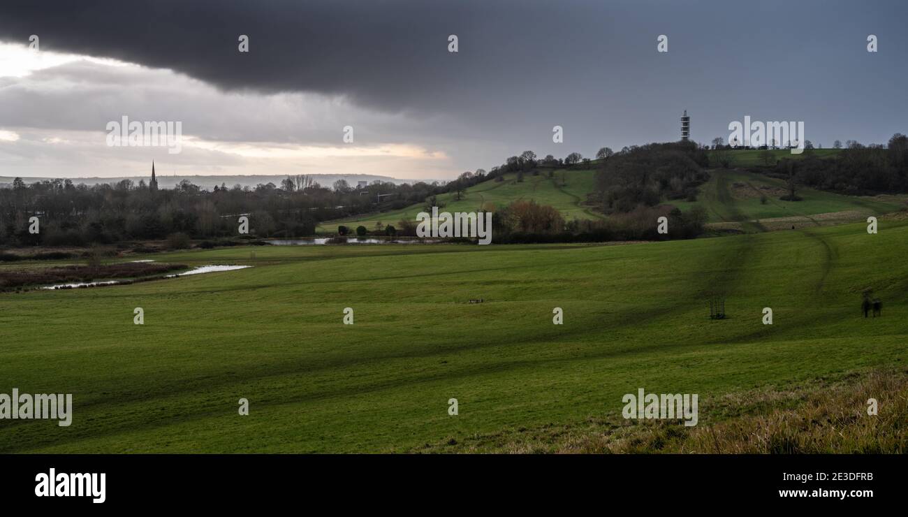 A rain storm passes over the Purdown Transmitter tower in Stoke Park in ...