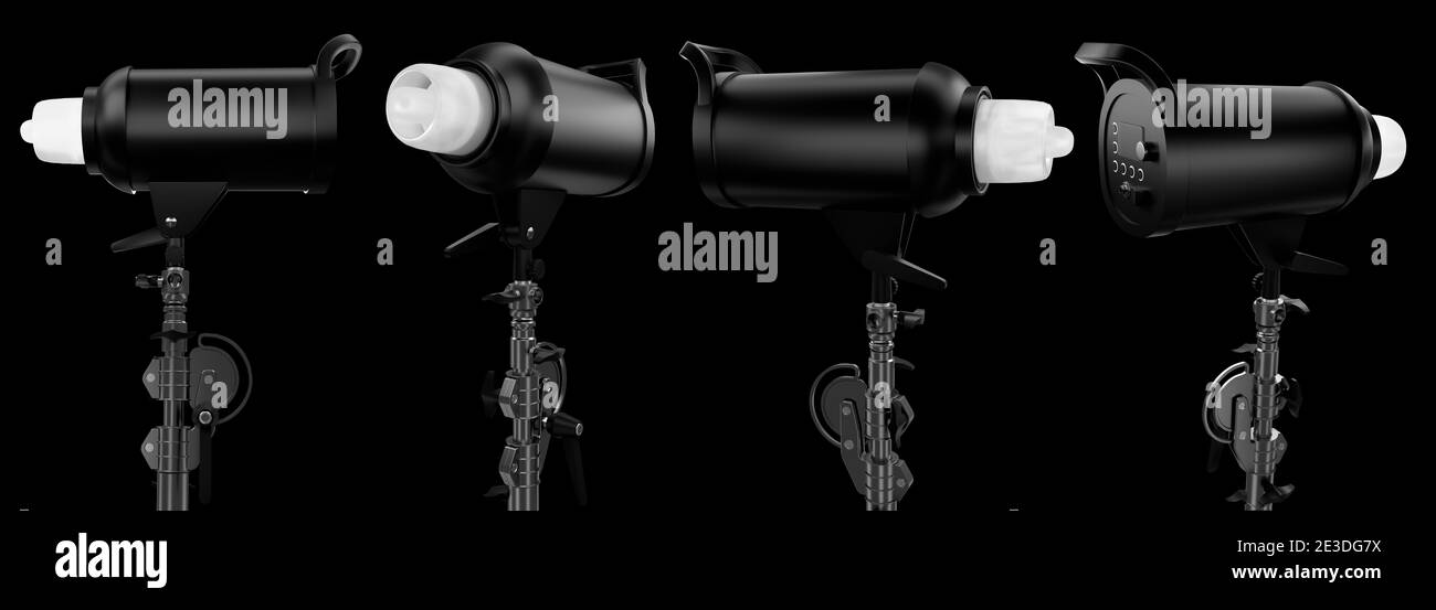 Photography studio flash on a lighting stand isolated on black ...