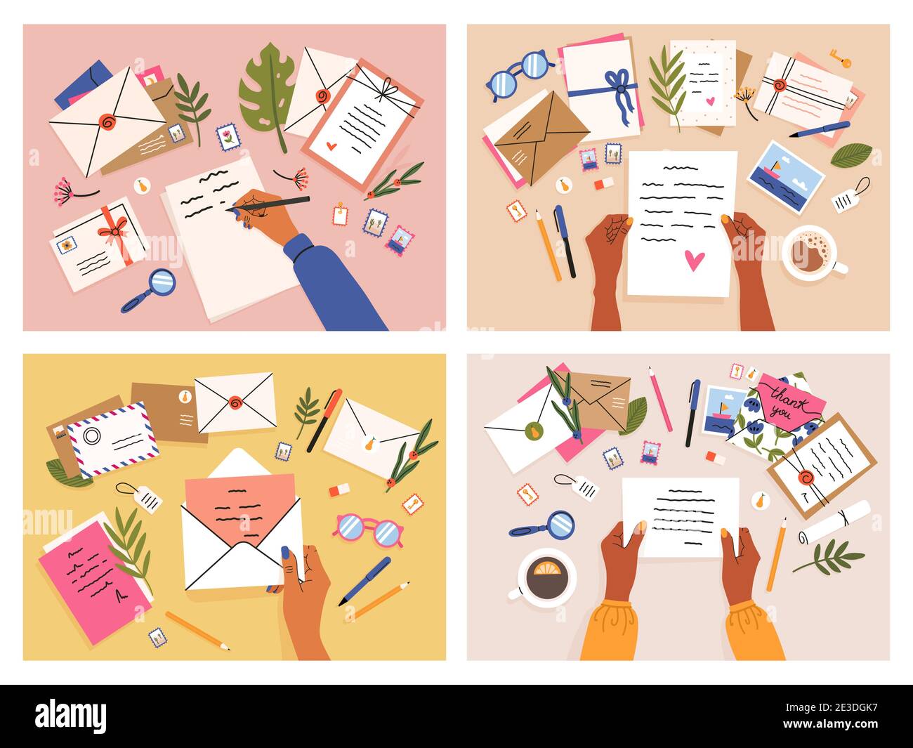 Hands with postcards and letters. Envelopes, postcards and letters top ...