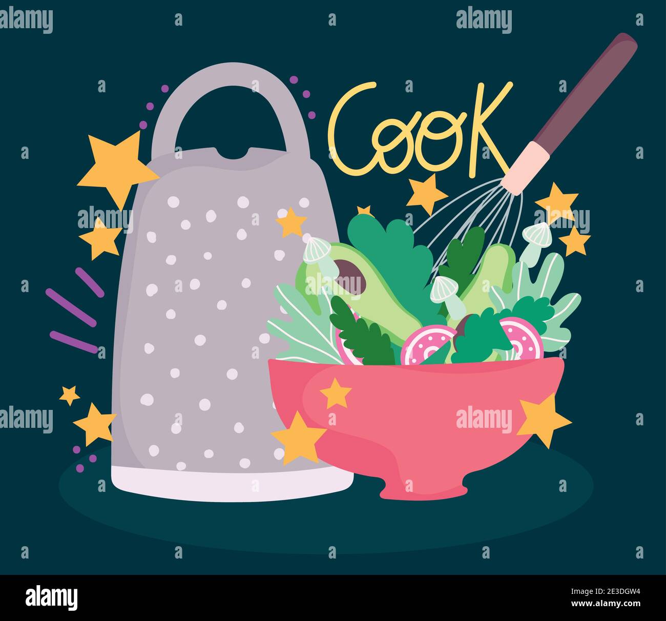 cooking salad in bowl and grater utensil in cartoon style lettering ...