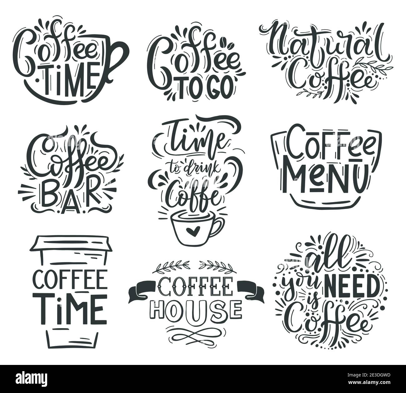 Coffee lettering. Cafe or restaurant coffee quotes, hot tasty beverage ...