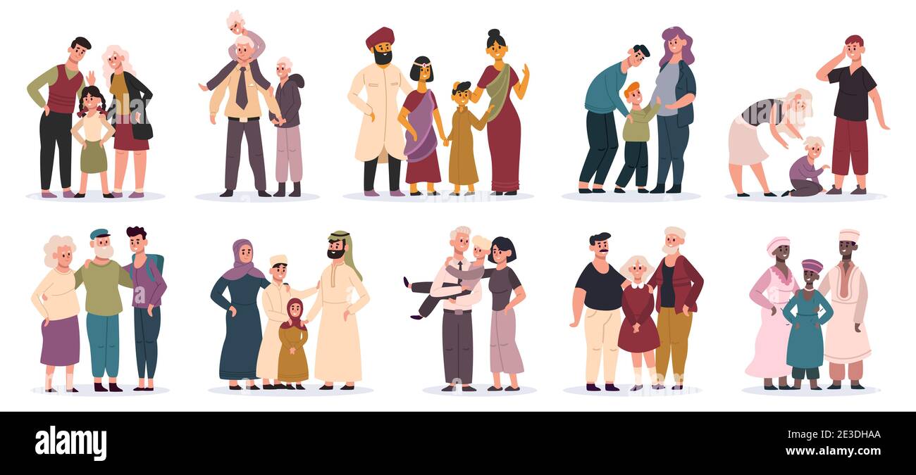 Multiracial families. Happy mothers, fathers and children, smiling ...