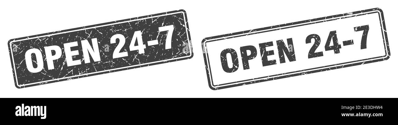 open 24 7 square stamp. open 24 7 grunge sign set Stock Vector Image ...