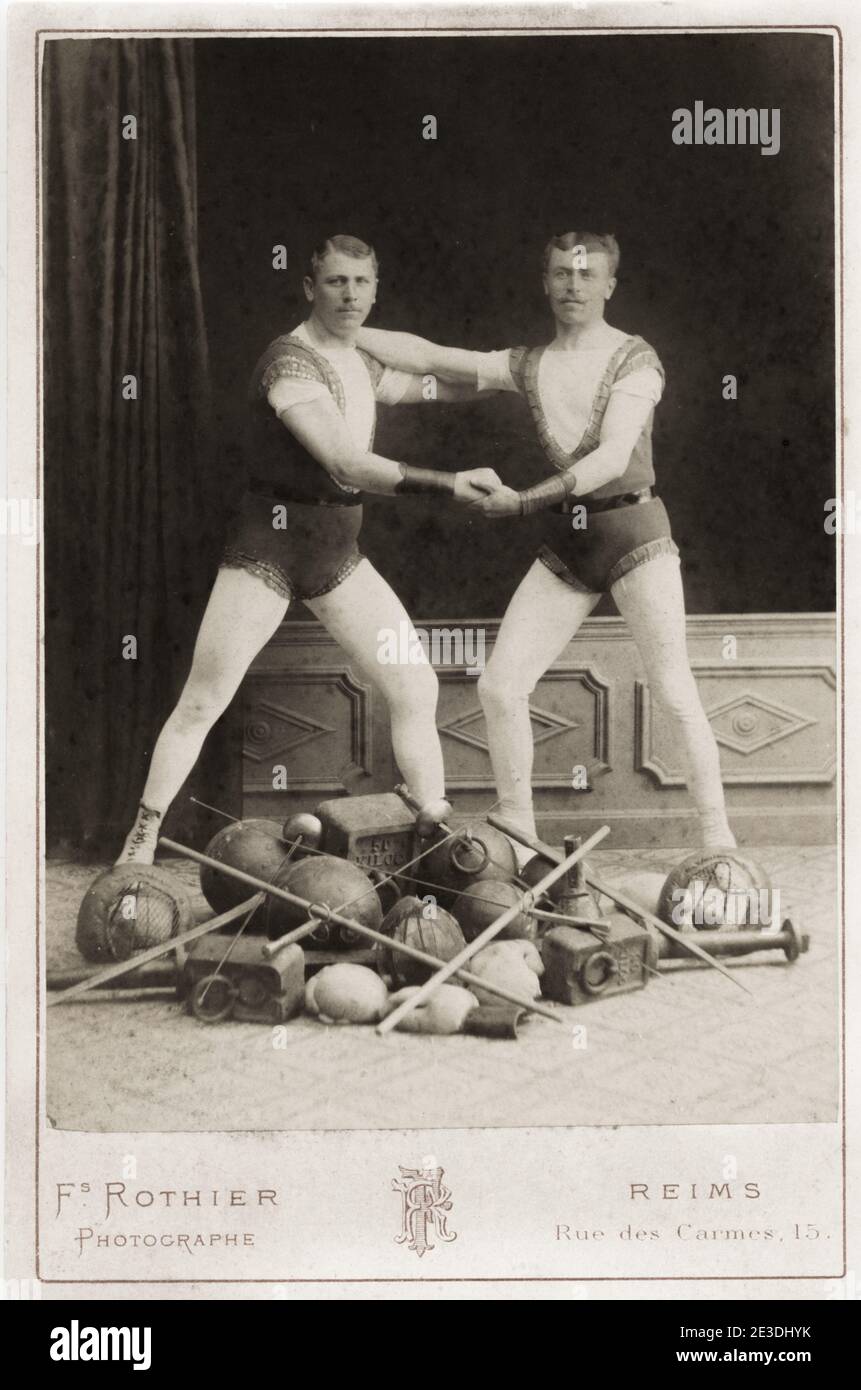 Vintage 19th century photograph: two wrestler, strong men with their ...