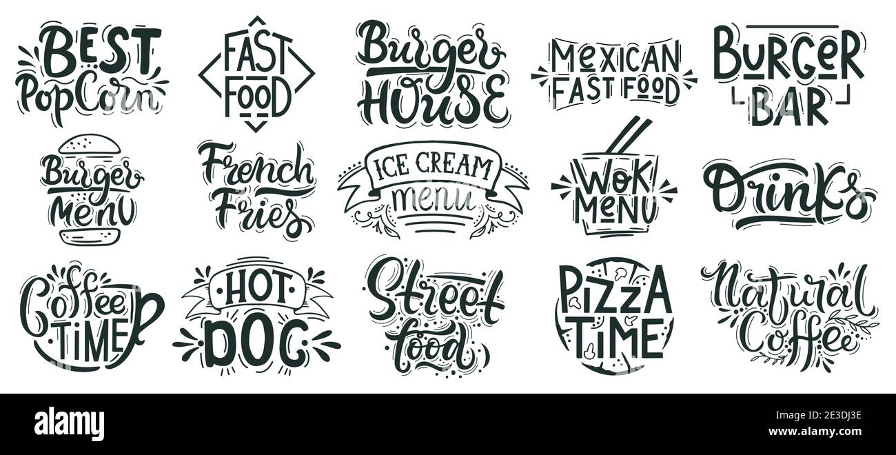 Fast food lettering. Junk, street food cafe, bakery, restaurant badges ...