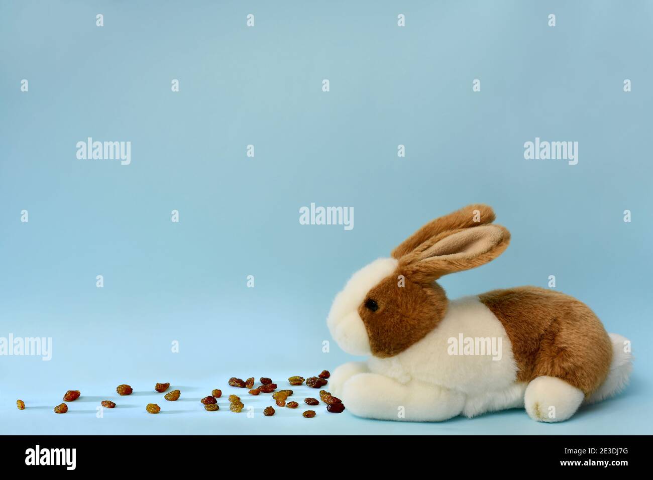 A plush white brown rabbit with pressed ears sits with paws close to a ...