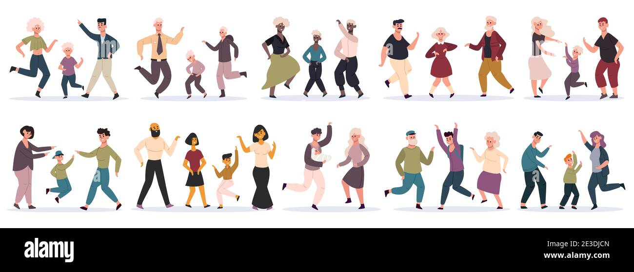 Happy dancing families. Parents dancing with children, mom, dad and ...