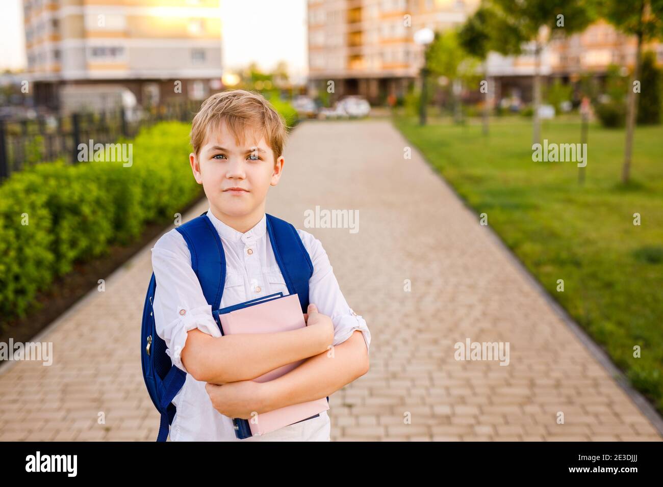 Little school boy studying outdoors school yard on warm sunny day ...