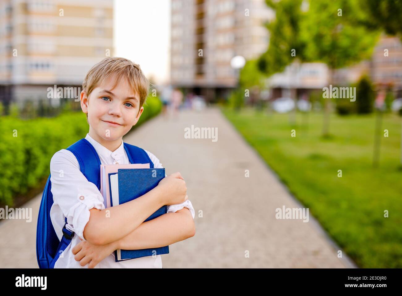 Little school boy studying outdoors school yard on warm sunny day ...