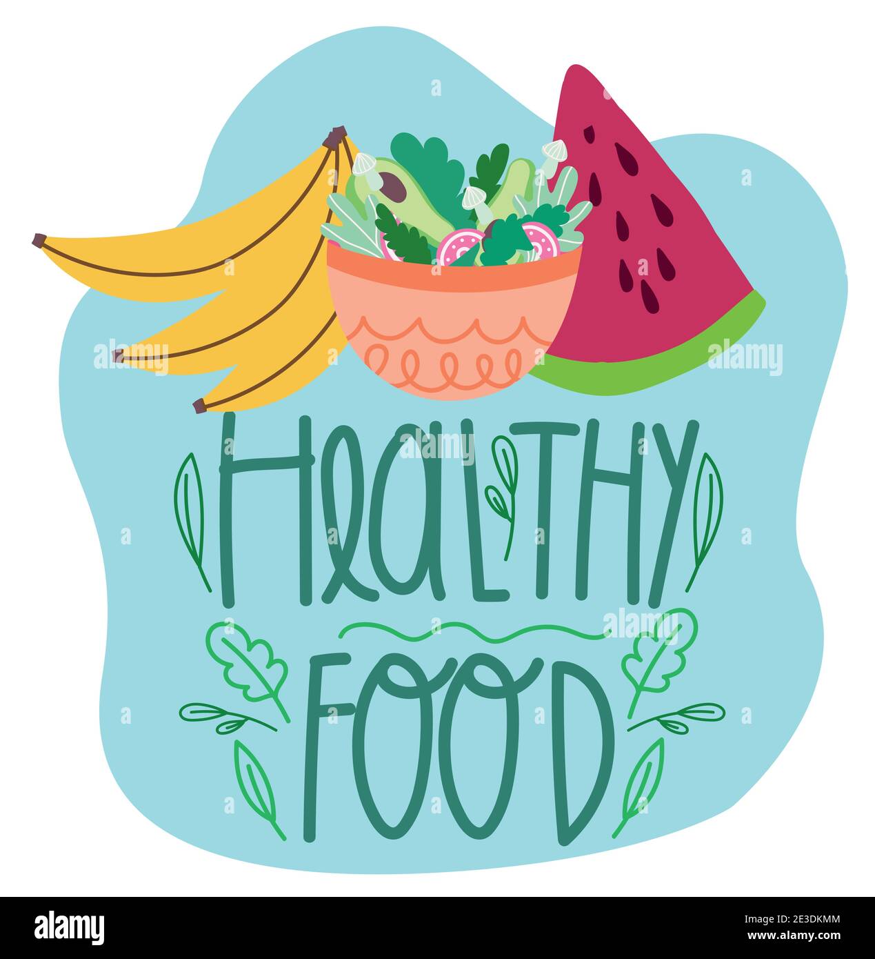 healthy food salad fruit banana watermelon, handwritten lettering ...