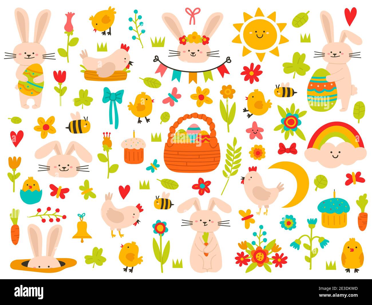 Easter spring elements. Eggs, rabbit, flowers and chickens, cute easter ...