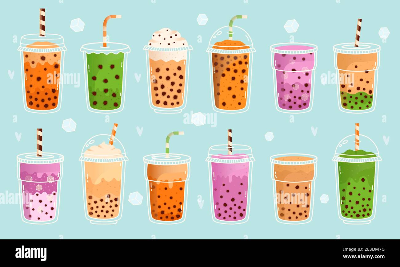 Bubble milk tea. Pearl milk tea, matcha milk, cocoa, fruit flavours and ...