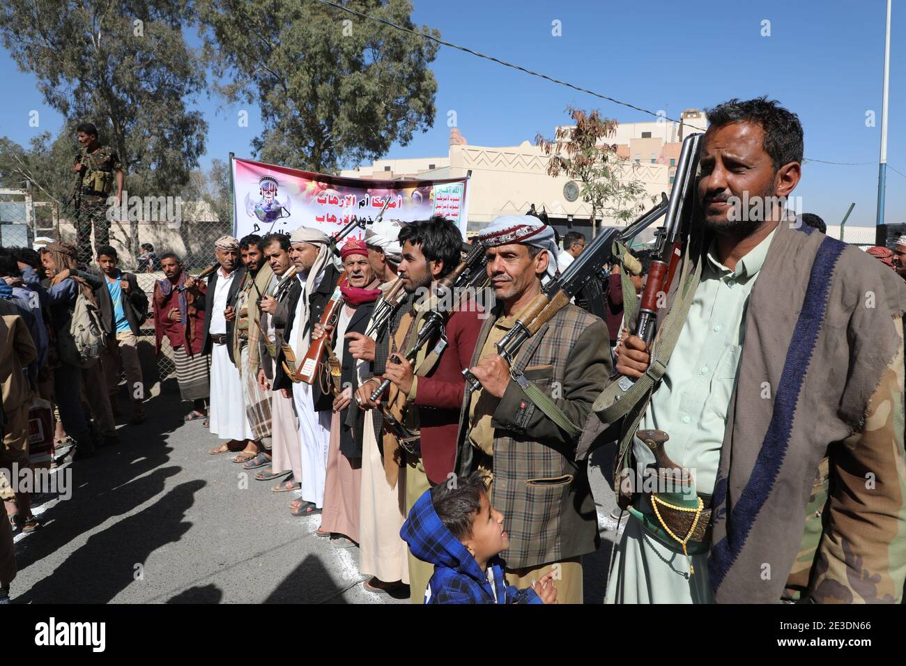 Houthi supporters attend a protest in front of the U.S. embassy against ...