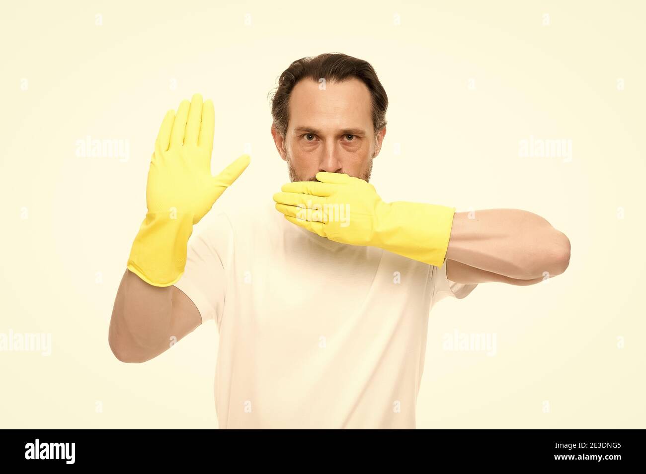 Sanitary area. Cleaning service and household duty. Man in gloves ...